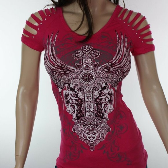 Bling | Tops | Bling Fuchsia Pink Cross Angel Wing Razor Cut Top | Poshmark